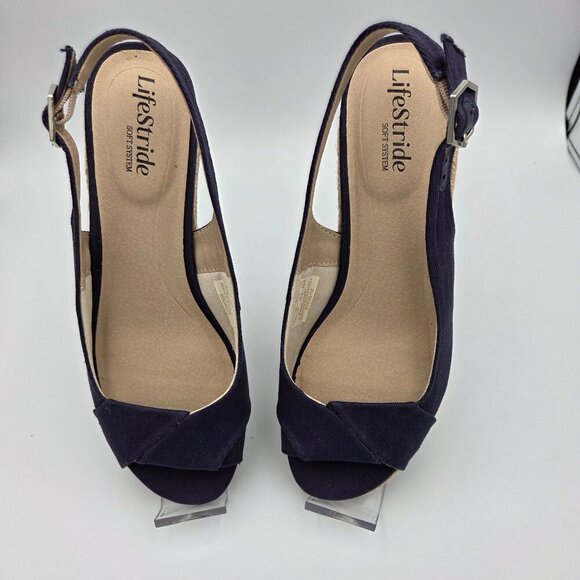 Life Stride | Shoes | Life Stride 95m Navy Blue Canvas Open Toed Ankle Strap 2 Wedge Heel | Poshmark